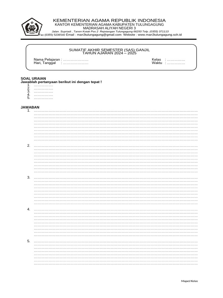 Format Soal Uraian SAS Ganjil 2024-2025 | PDF