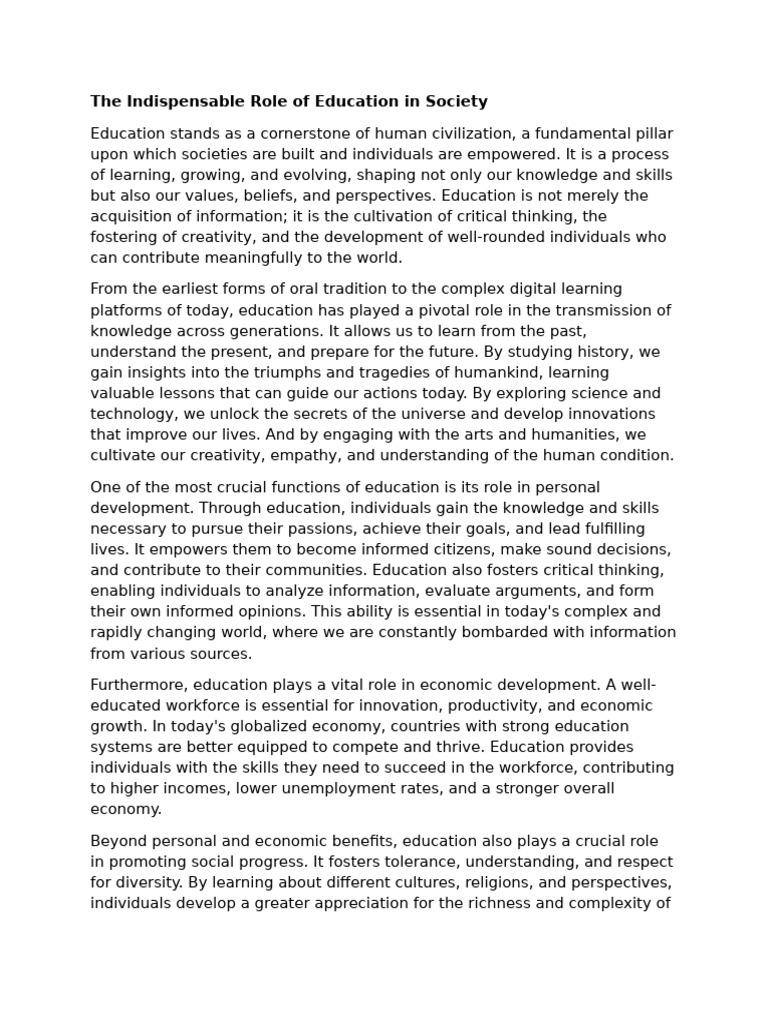 The Indispensable Role of Education in Society | PDF | Knowledge | Learning