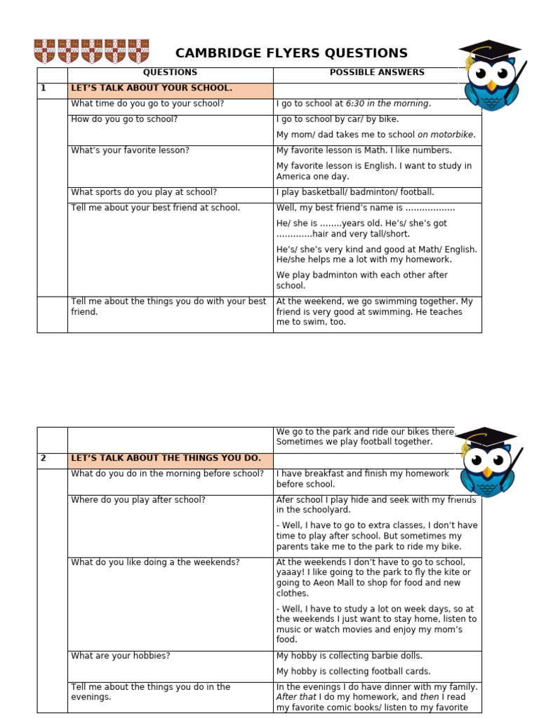 Cambridge Flyers Questions | PDF | Lunch | Cuisine