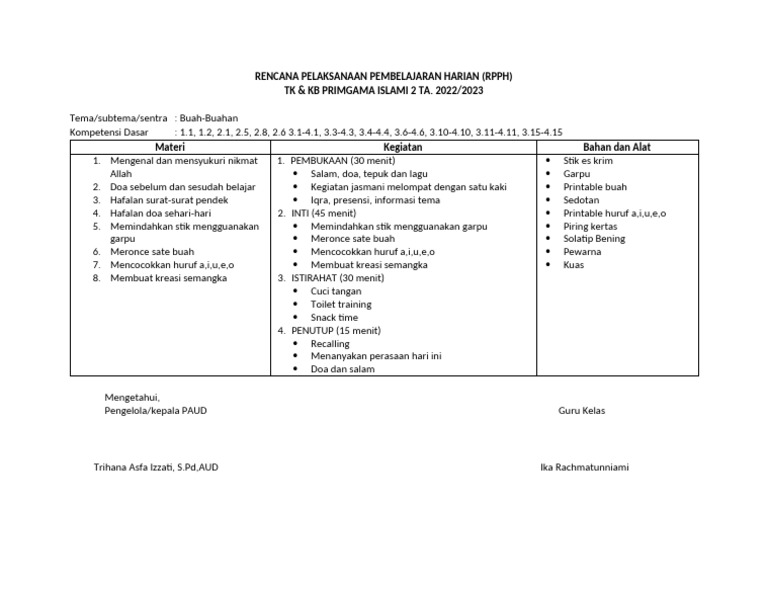 Rencana Pelaksanaan Pembelajaran Harian (RPPH) TK & KB Primgama Islami 2 Ta. 2022/2023 | PDF
