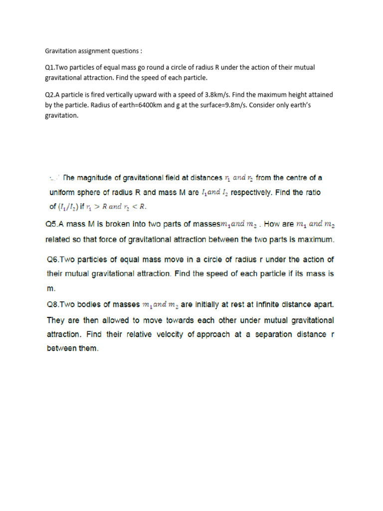 Gravitation assignment questions | PDF