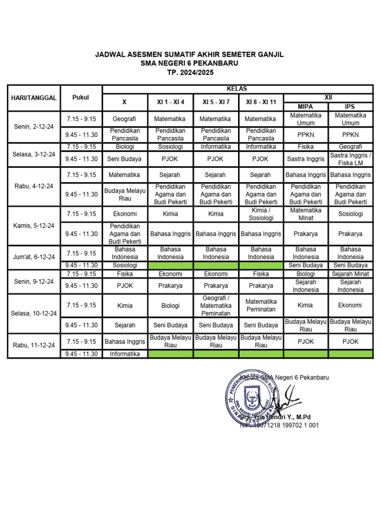 Jadwal Asesmen Sumatif Akhir Semester Ganjil | PDF