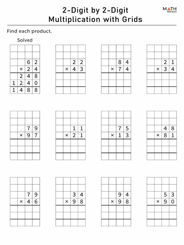 2 Digit by 2 Digit Multiplication Worksheets With Grids | PDF