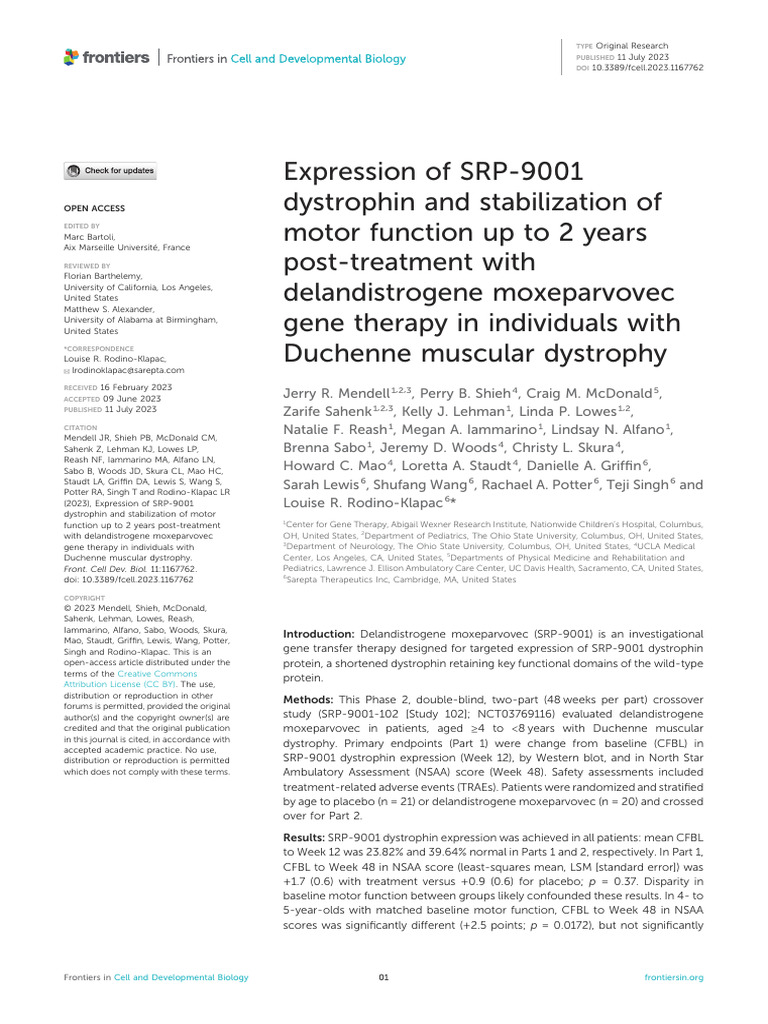 Expression of SRP-9001 Dystrophin and Stabilization of Motor Function ...