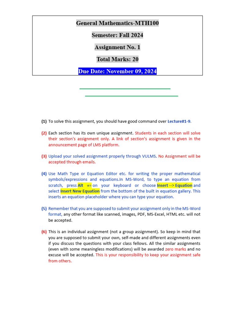 Assignment 1 Fall 2024 MTH100 | PDF | Equations | Algebra