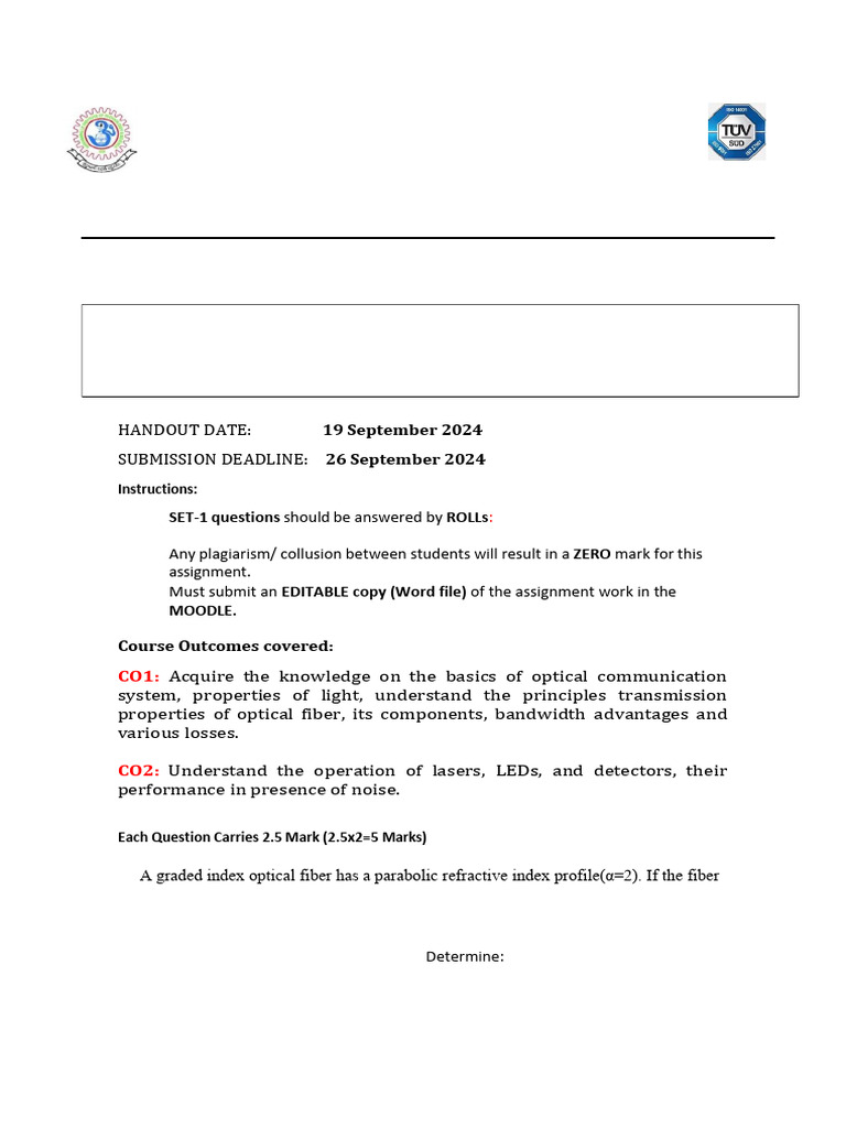 FOC Assignment 1 | PDF | Optical Fiber | Fiber Optic Communication