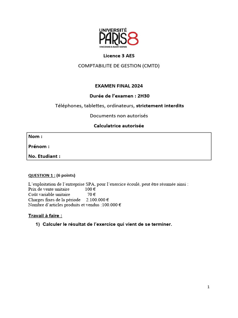 Examen CMTD Licence 3 AES 2024 | PDF | Business | Économie d'entreprise