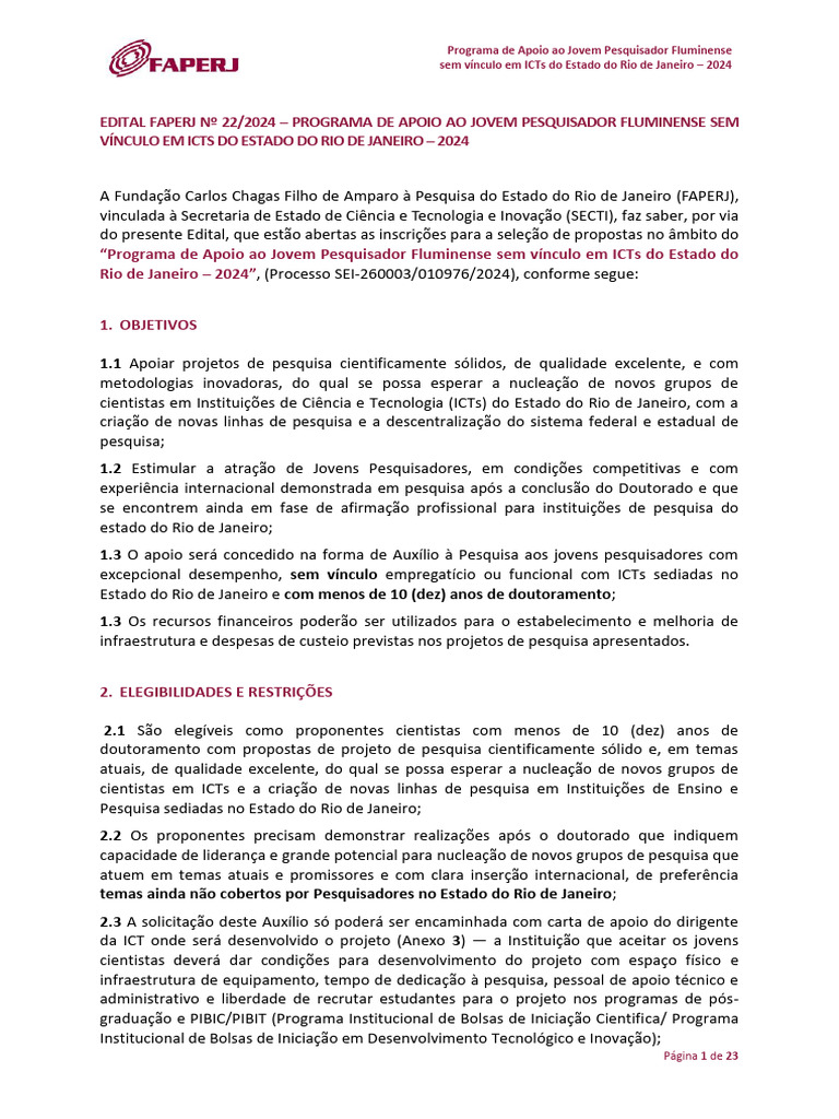 Edital FAPERJ Nº 22 2024 – Programa de Apoio Ao Jovem Pesquisador Fluminense Sem Vínculo Em ICTs ...