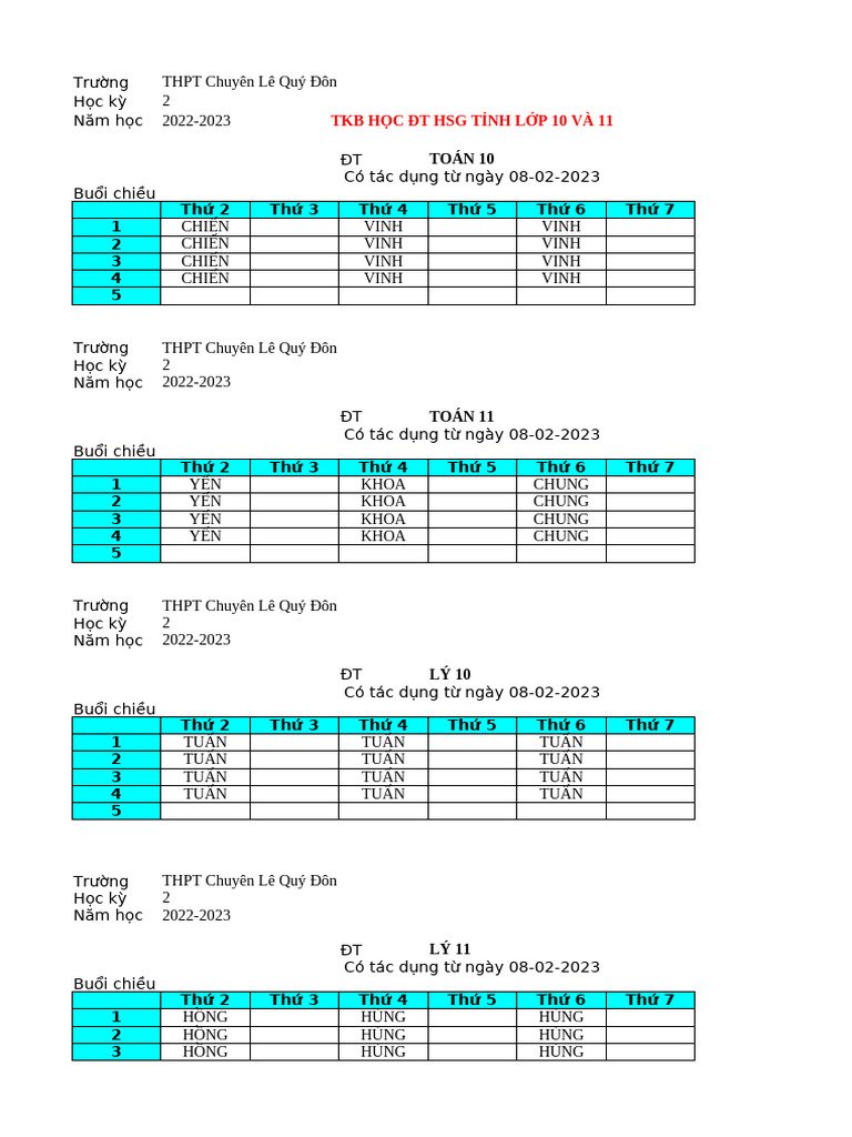 TKB Hoc Doi Tuyen HSG 10 - 11 | PDF
