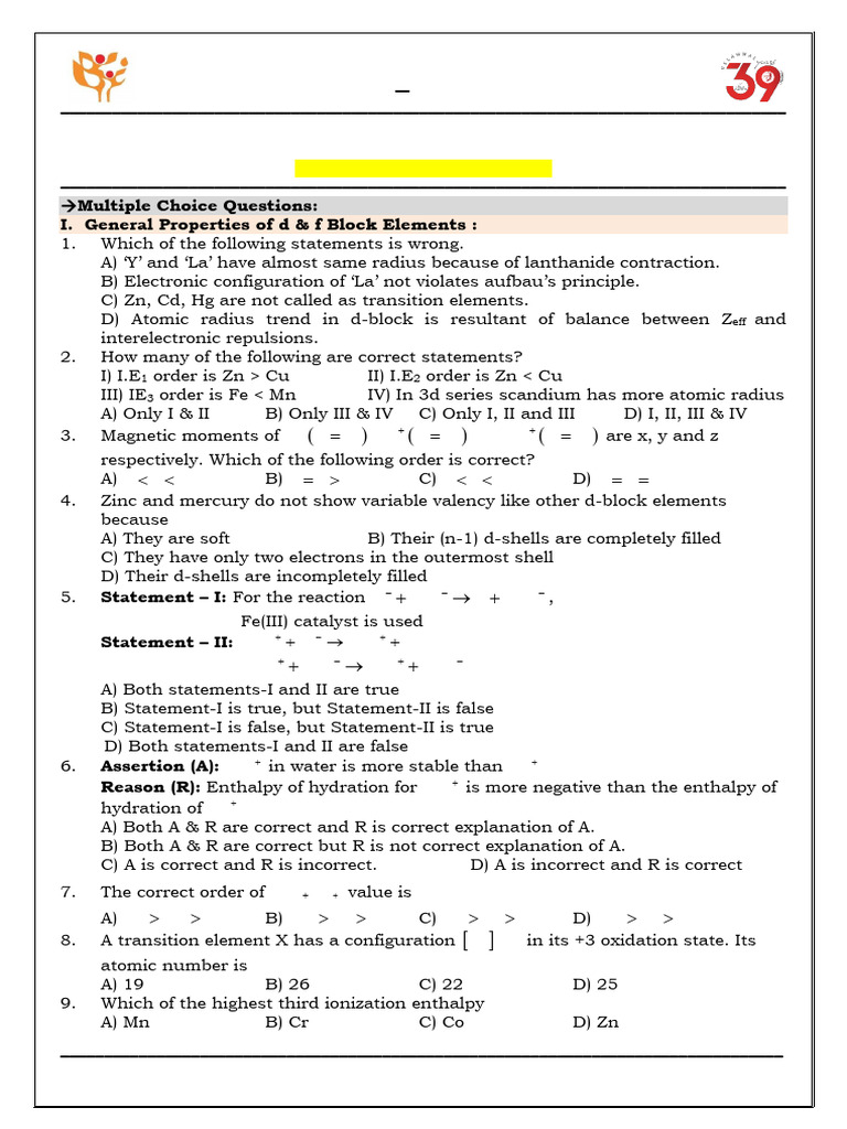 d & f Block Elements Chemistry Worksheet | PDF | Lanthanide | Chromium