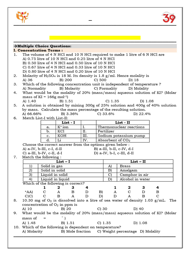 16. Solutions & Colligative Properties Work Sheet for Iit Revision ...