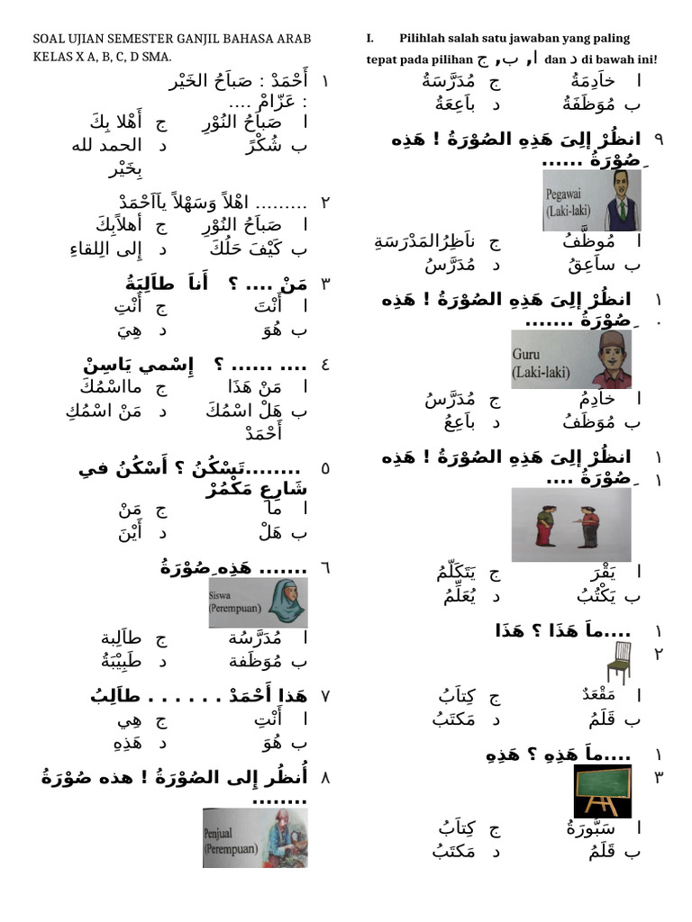 Soal Penilaian Akhir Semester Bahasa Arab MA Kelas X TP 2024-2025 - SMA | PDF