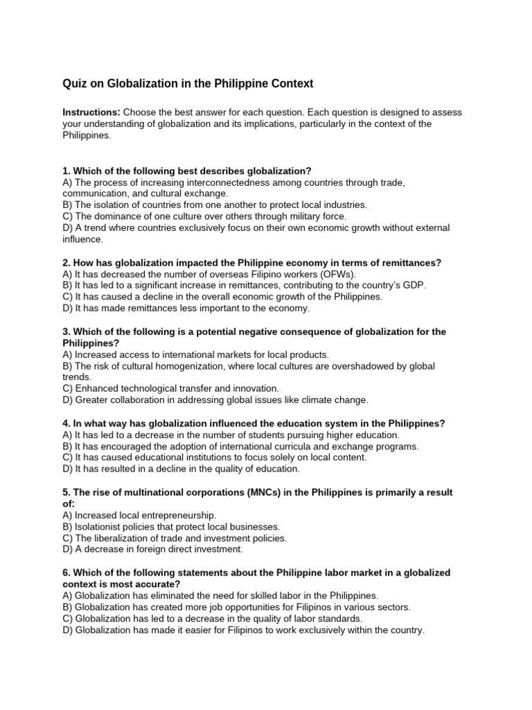 Quiz On Globalization in The Philippine Context | PDF | Globalization ...