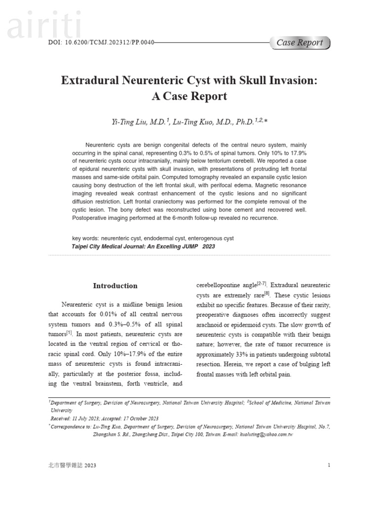Extradural Neurenteric Cyst With Skull Invasion A Case Report | PDF ...