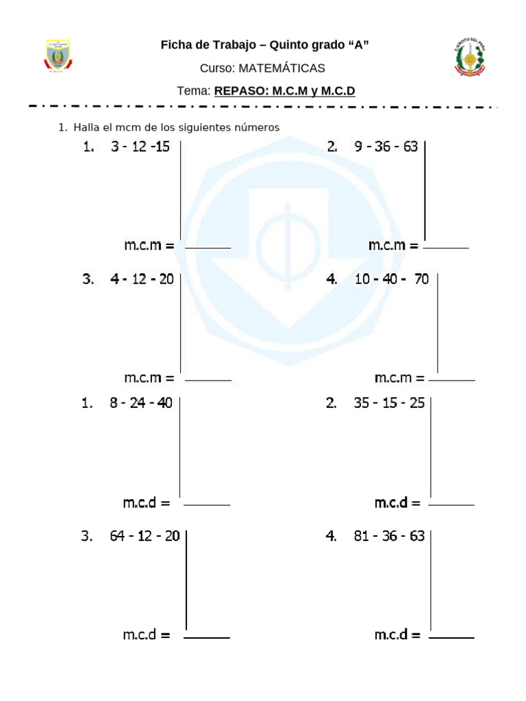 Repaso M.C.M y M.C.D Quinto Grado | PDF