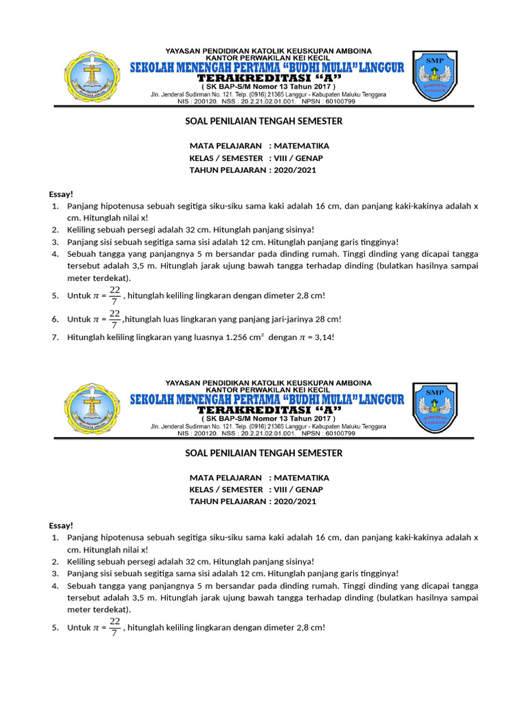 SOAL PTS Matematika Kelas 8 Genap | PDF