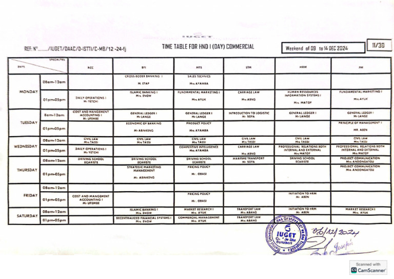 Time Table For HND I (Day) Commercial | PDF