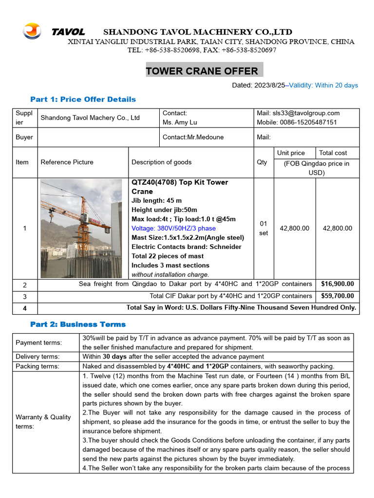Tavol-Quotation Sheet For QTZ40-4708tower Crane-20230825 | PDF | Crane ...