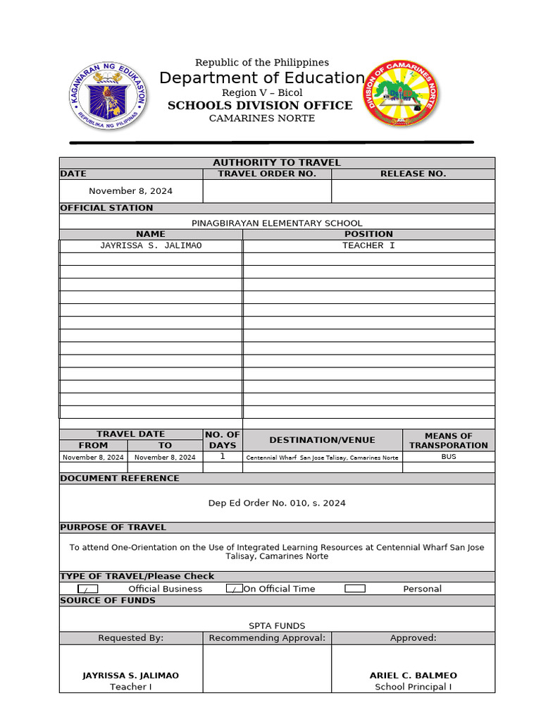 Travel Order | PDF | Governance | Government Related Organizations