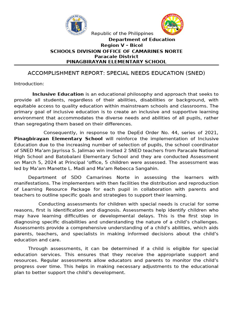 SNED Accomplishment Report | PDF | Inclusion (Education) | Special ...