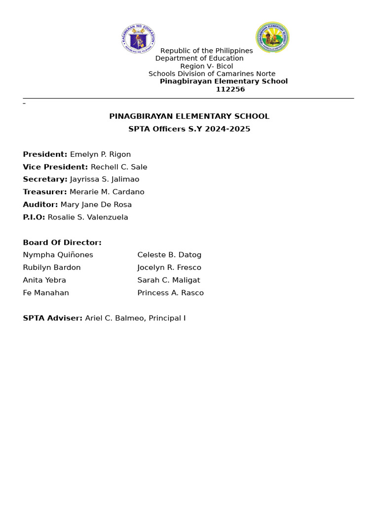 SPTA Officers SY. 2024-2025 | PDF