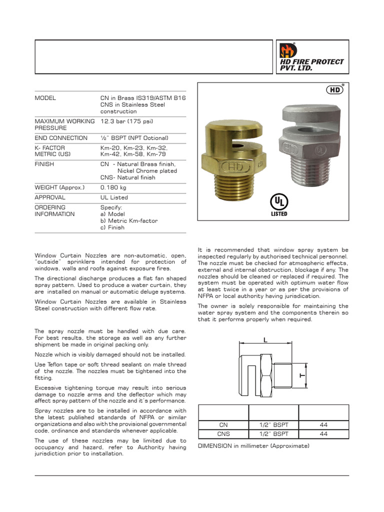 HD 276 Window Curtain Nozzle | PDF | Fire Sprinkler System