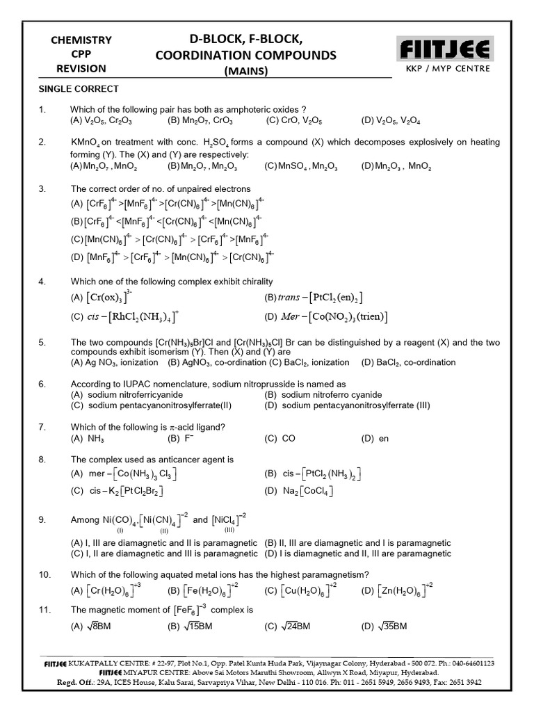 SR Chemistry Revision - D-BLOCK, F-BLOCK, COORDINATION COMPOUNDS ...