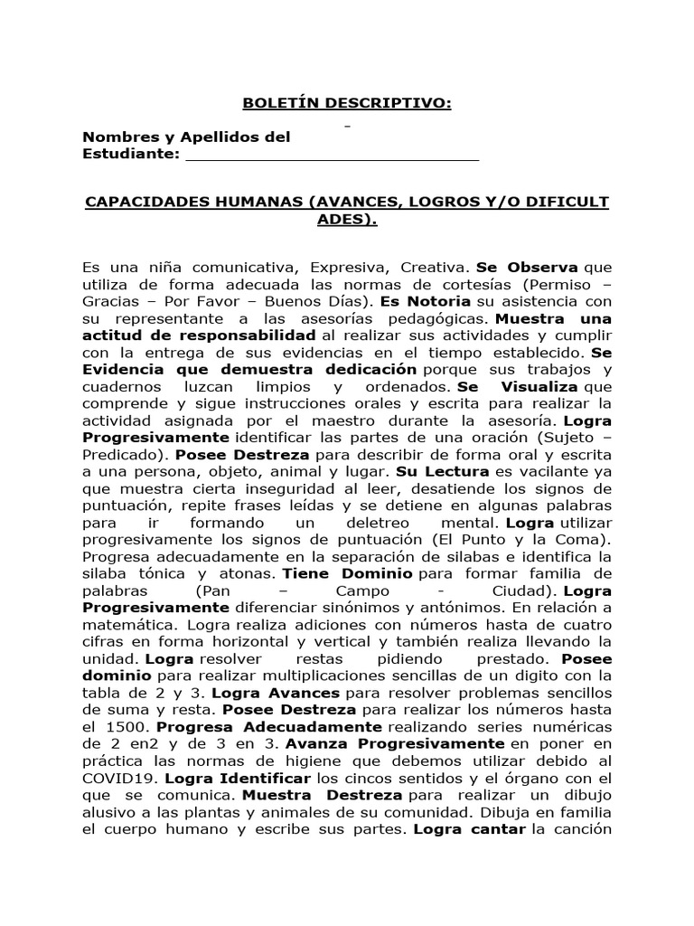 Modelo de Boletin Descriptivo Primaria | PDF