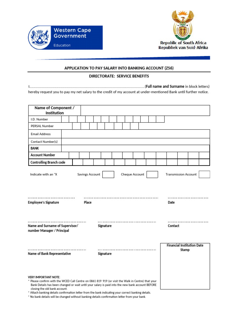 Application To Pay Salary Into Banking Account (Z56) - 2024 | PDF