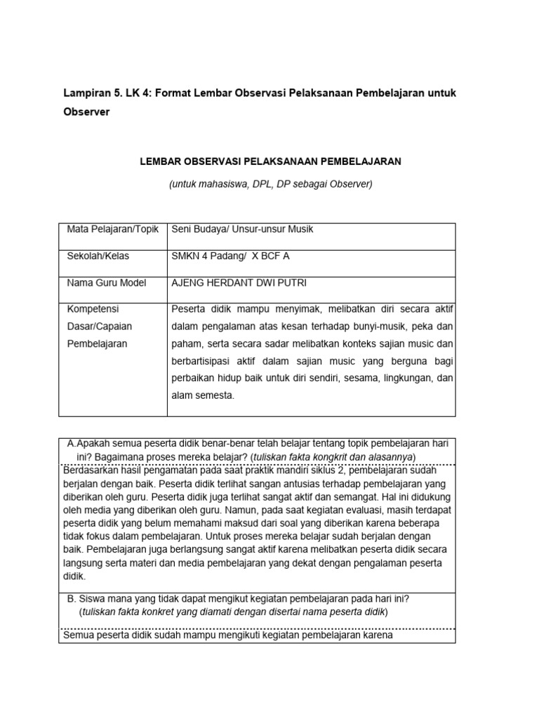 Lampiran 5. LK 4 Format Lembar Observasi Pelaksanaan Pembelajaran Untuk ...