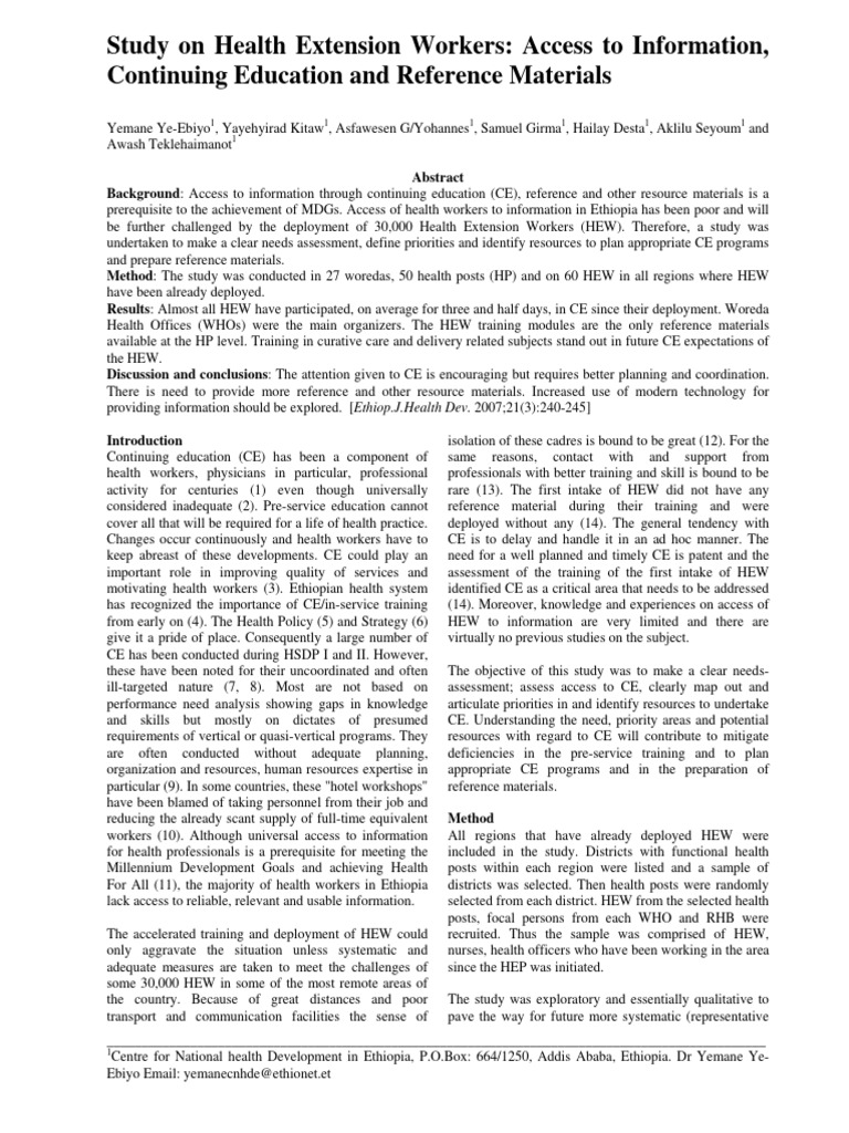 Health Extension Workers' CE Access in Ethiopia | PDF | Ethiopia