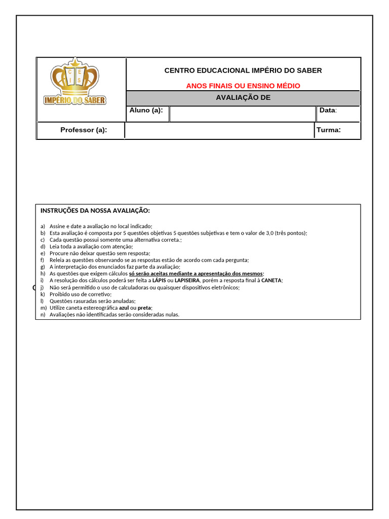 Modelo de Capa para Avaliações | PDF