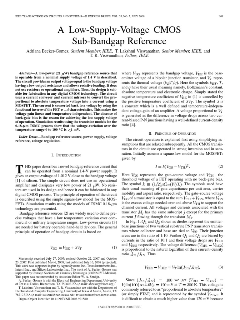 A Low-Supply-Voltage CMOS Sub-Bandgap Reference | PDF | Field Effect ...
