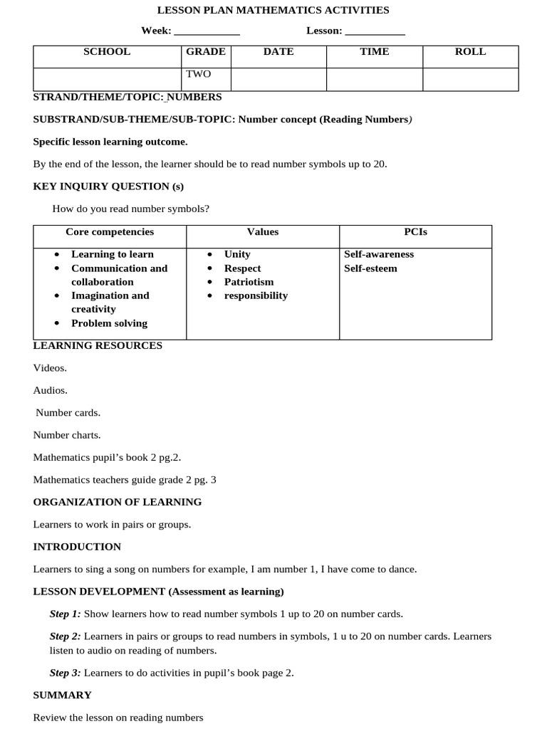 Grade 2 Math Lesson Plans on Numbers | PDF | Learning | Lesson Plan