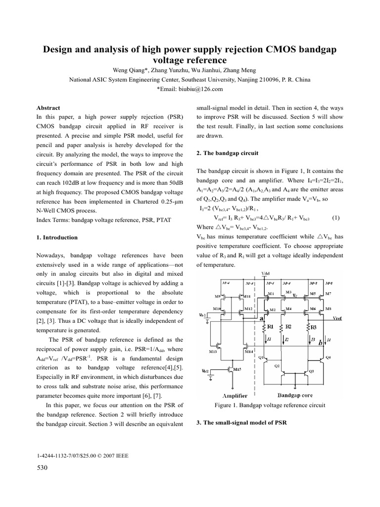 Design and Analysis of High Power Supply Rejection CMOS Bandgap Voltage Reference | PDF ...