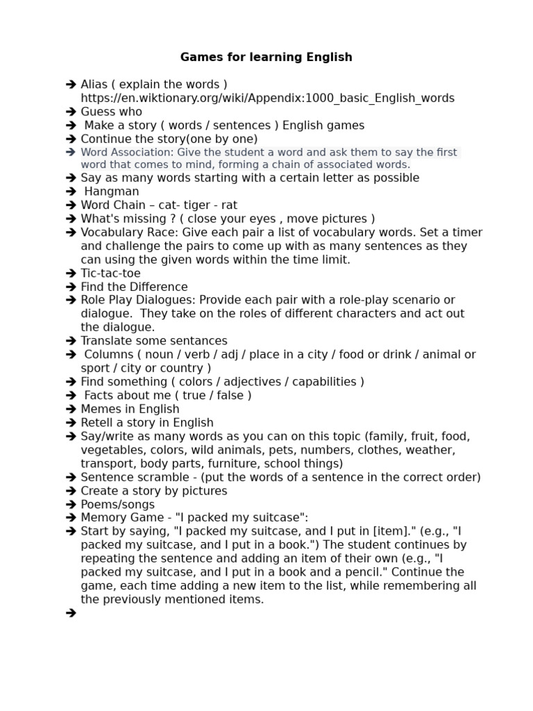 Games For Learning English | PDF | Learning | English Language