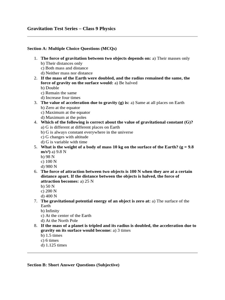 Class 9 Gravitation Test Questions | PDF | Gravity | Force