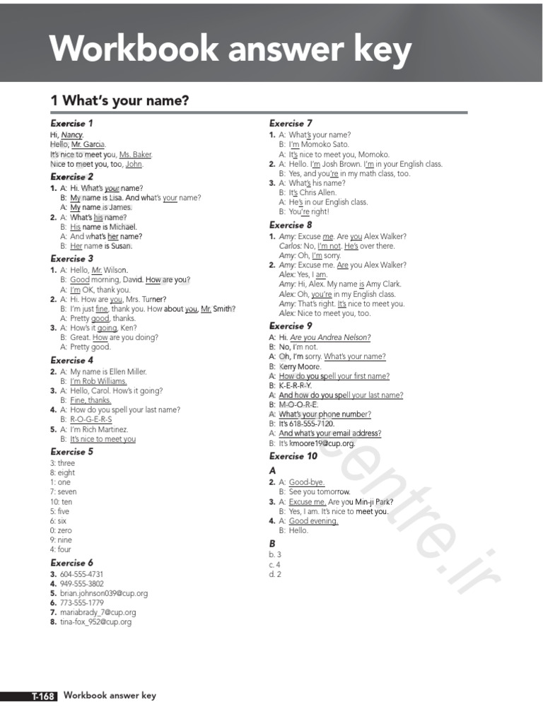 Interchange - 5th - Edition-intro-Workbook Answer Key | PDF | Bedroom | Home