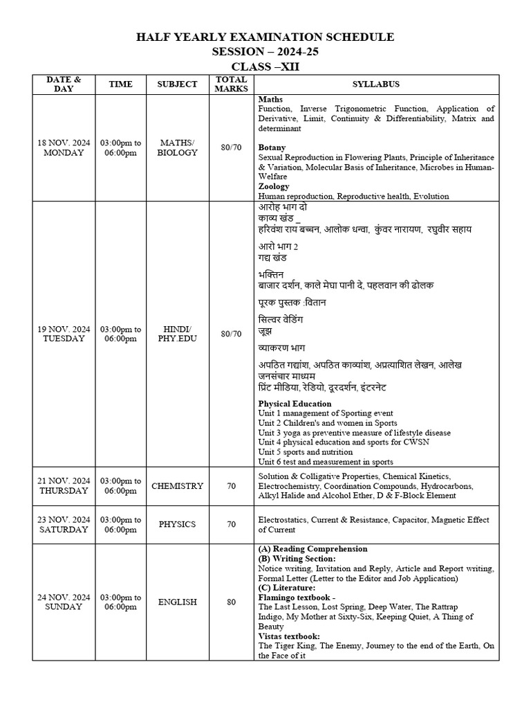 (Half Yearly) Syllabus & Time Table (Class Xii) - 1 | PDF