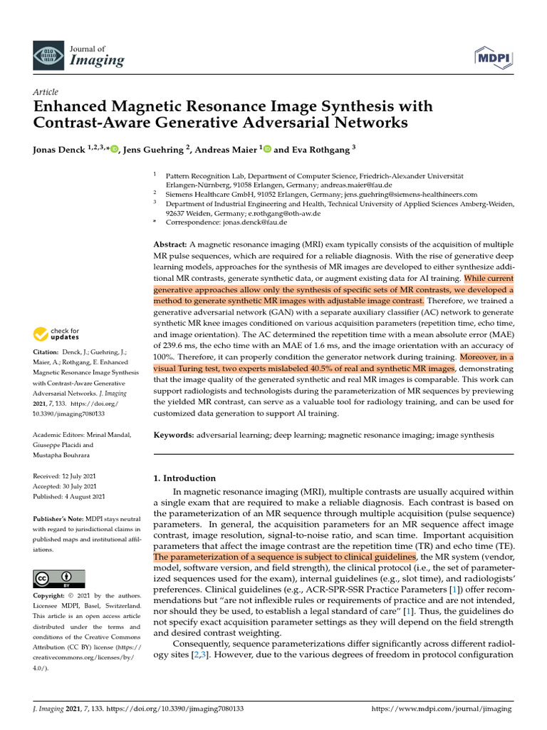 Denck_JImag_2021 | PDF | Magnetic Resonance Imaging | Artificial Intelligence