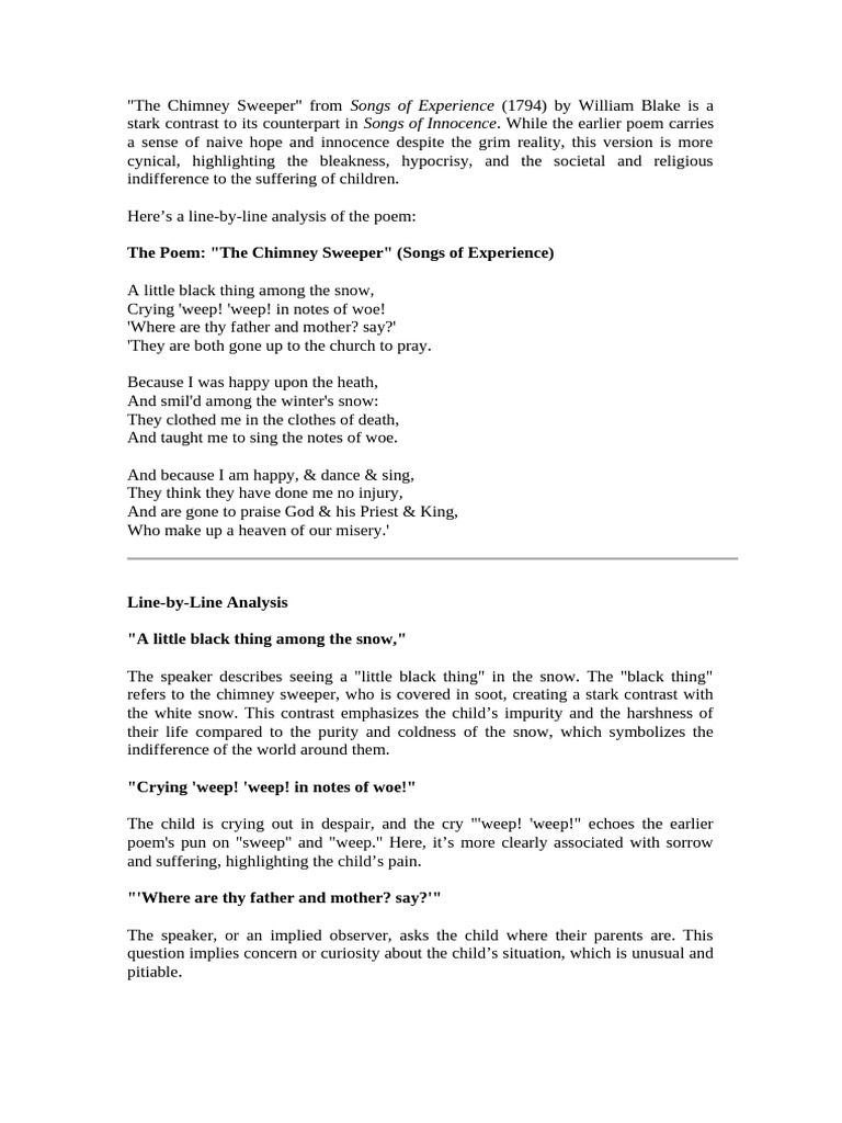 Line by Line Analysis of The Chimney Sweeper (Songs of Experience) by ...