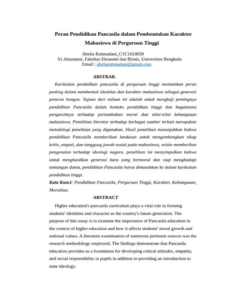 Peran Pendidikan Pancasila Dalam Pembentukan Karakter Mahasiswa Di Perguruan Tinggi | PDF