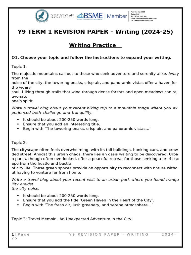 Y9 Writing Revision Paper 2024-25 | PDF