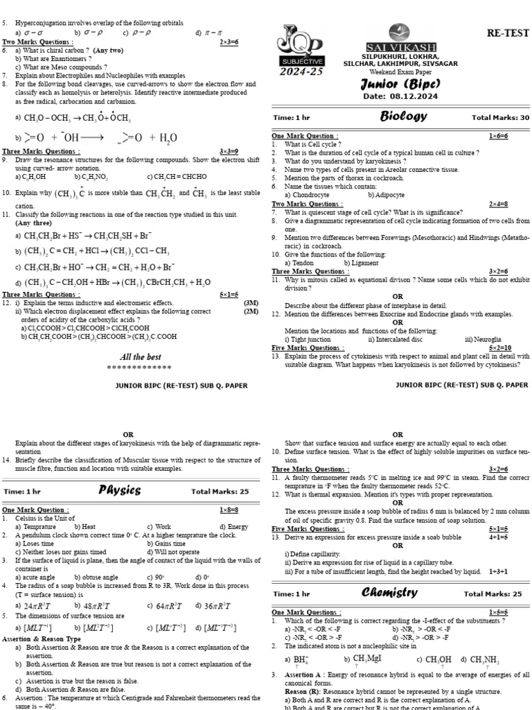 Junior (Bipc) Re-Test Sub Q.P (08.12.24) | PDF | Temperature | Mitosis