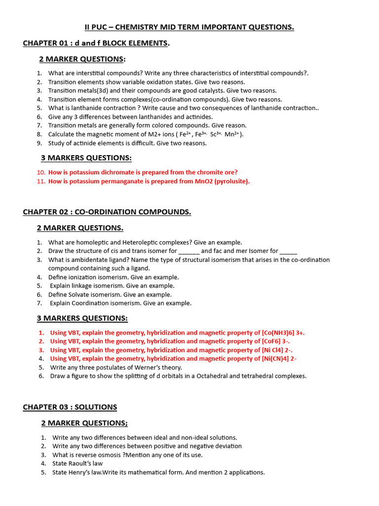 II PUC - Chemistry - 2G2 Imp Questions | PDF | Coordination Complex | Ether