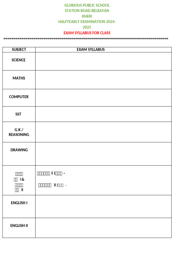 Class Syllabus for Half-Yearly Exams | PDF