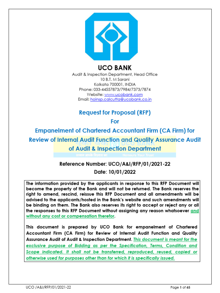 UCO Bank RFP for CA Firm Empanelment | PDF | Indemnity | Request For Proposal