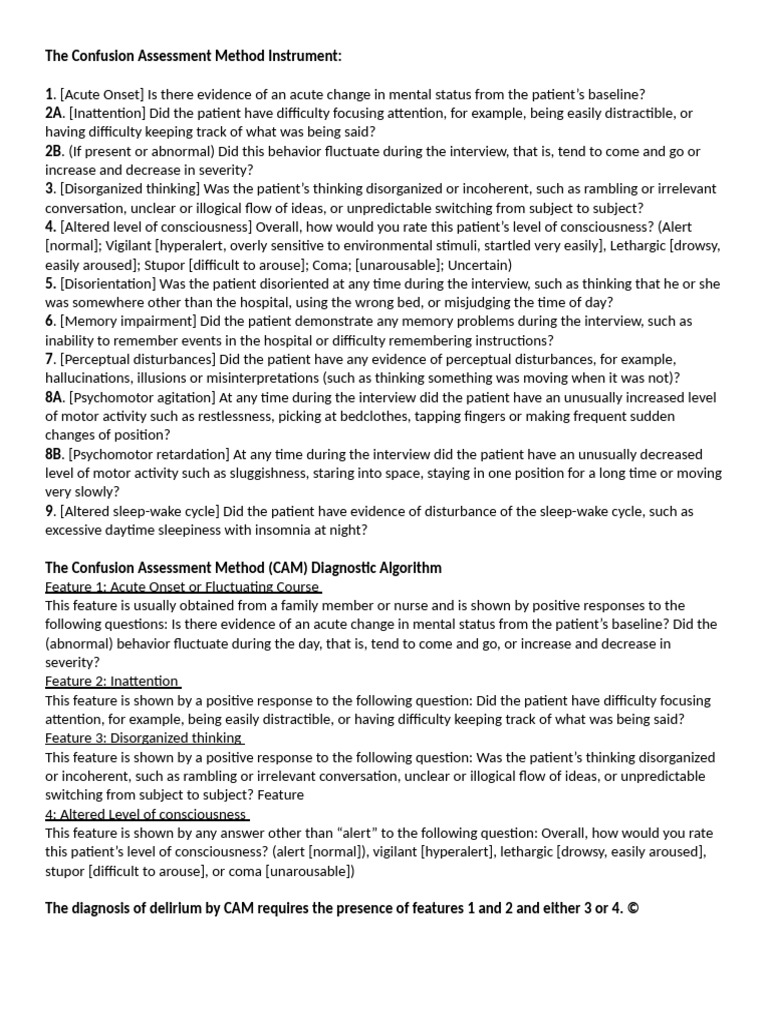 CAM - The Confusion Assessment Method Instrument | PDF | Cognition ...