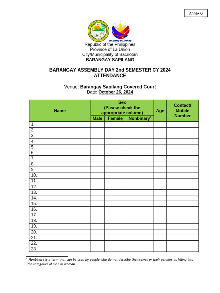 Annex G - Attendance Sheet | PDF
