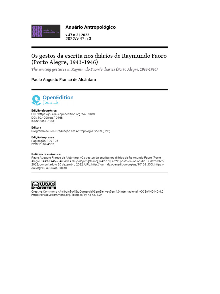 Escrita nos diários de Raymundo Faoro | PDF | Intelectual | Sociologia